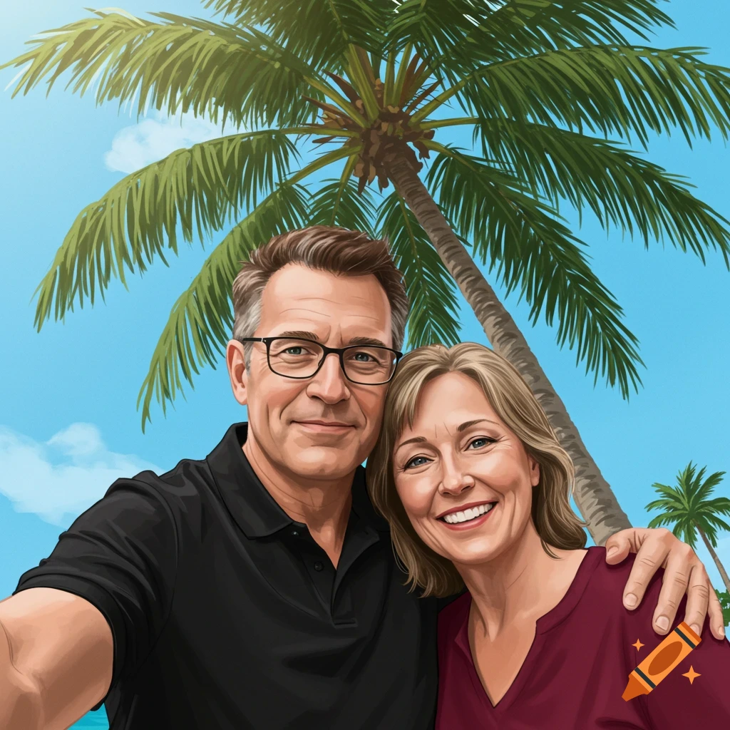 Digital illustration of a middle-aged couple taking a selfie under a tropical palm tree. on Craiyon