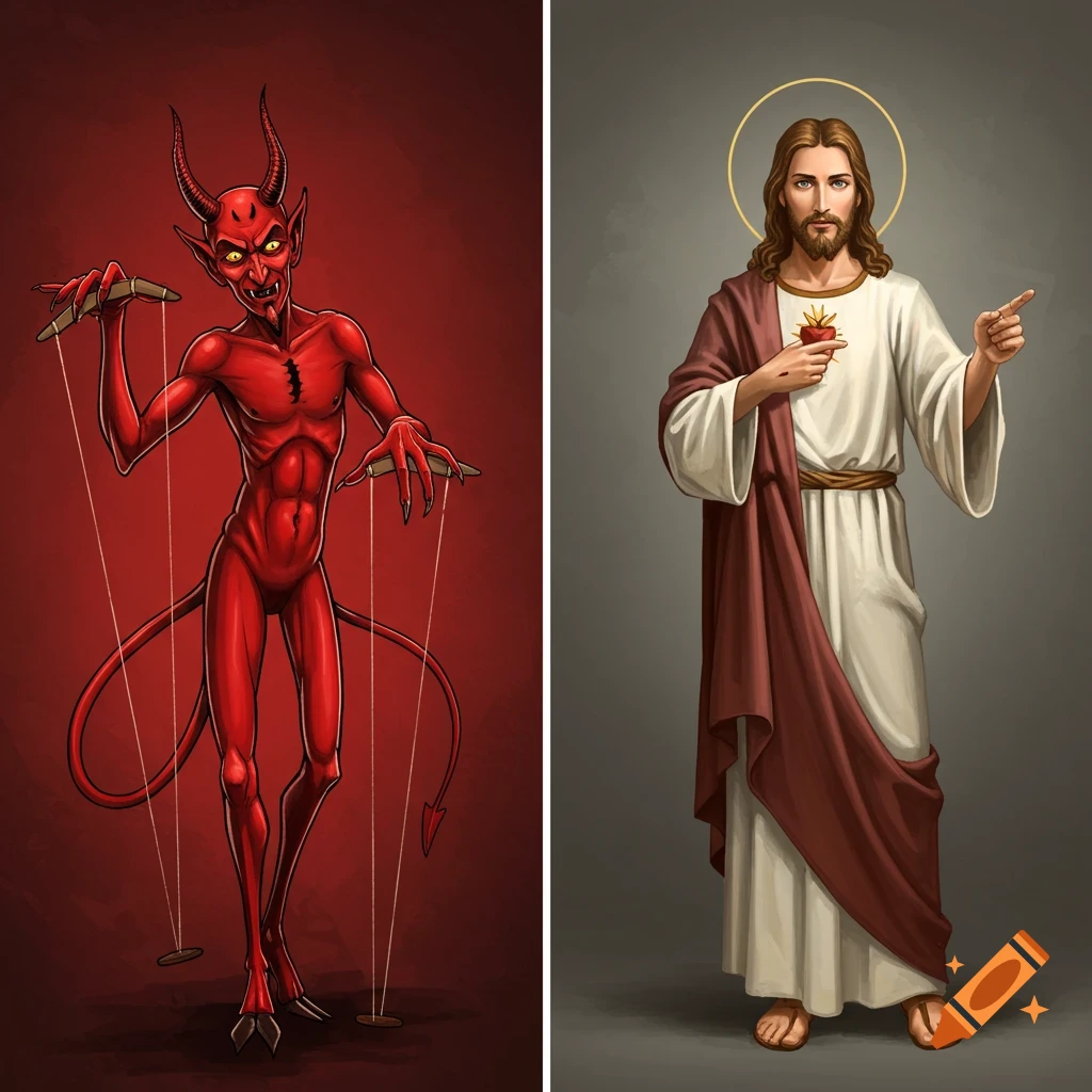 Split illustration showing a red devil puppet on the left and Jesus ...