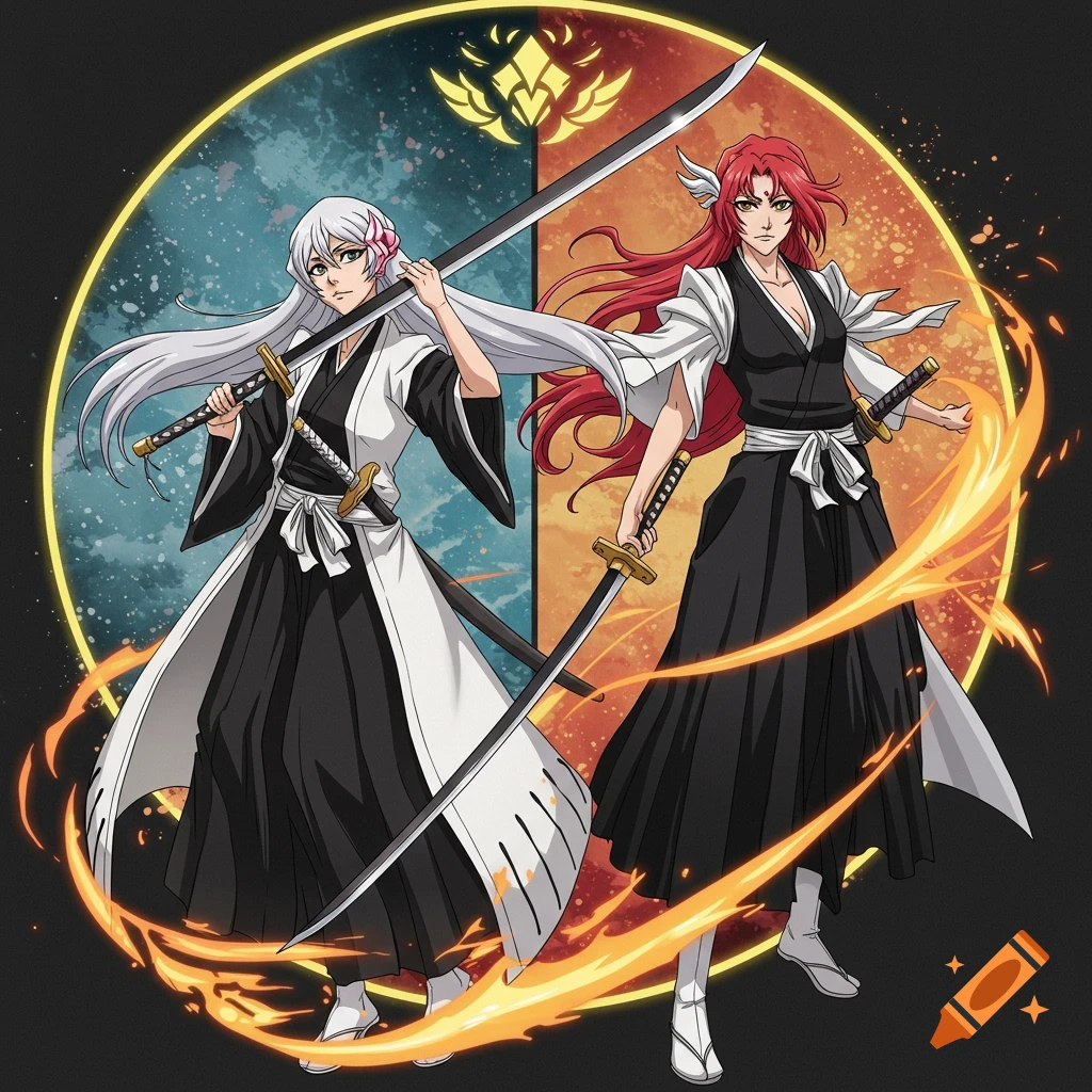 Two anime characters, one white-haired, one red-haired, holding swords ...