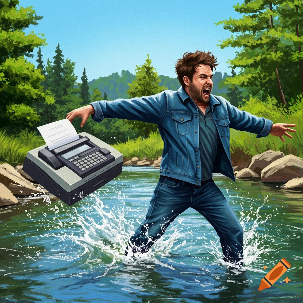 Painting of a man throwing a fax machine into a river. on Craiyon