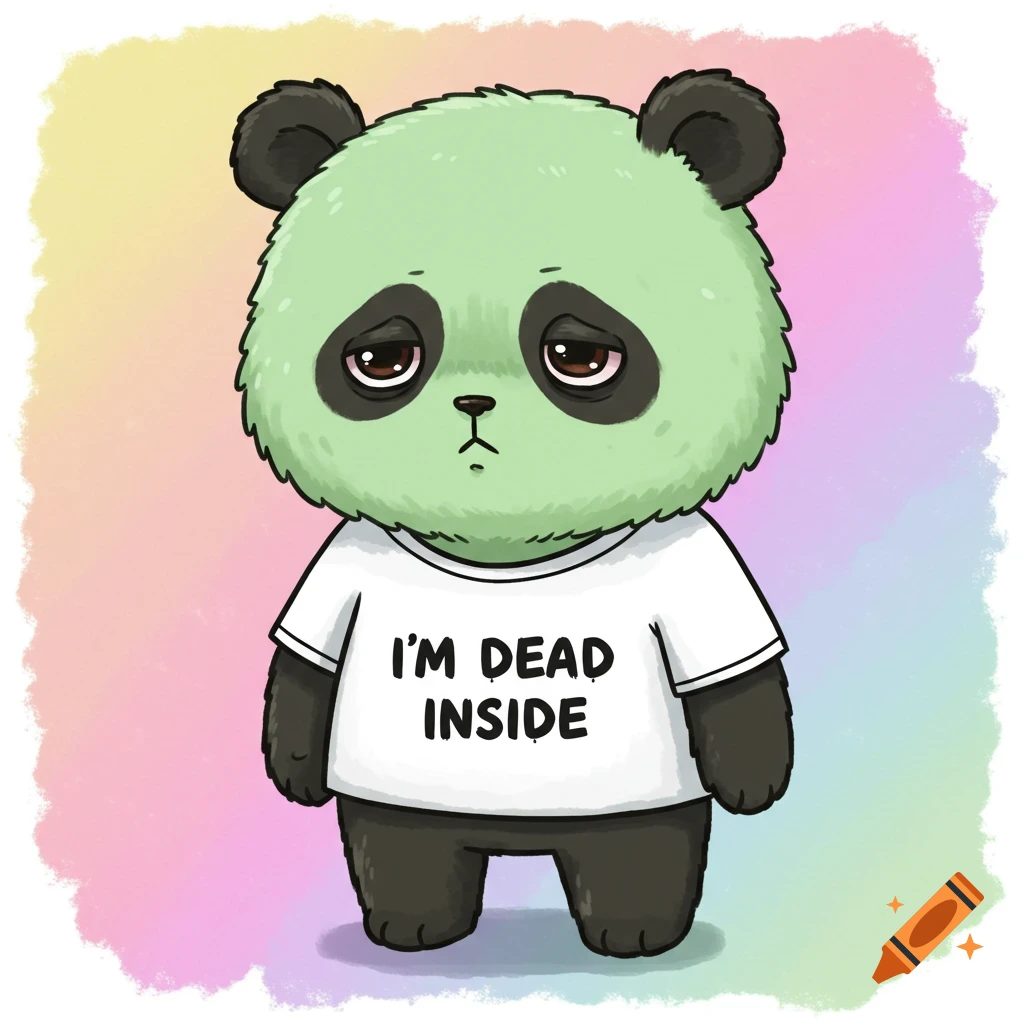 Cartoon of a green panda bear wearing a white t-shirt that says "I'M DEAD INSIDE". on Craiyon