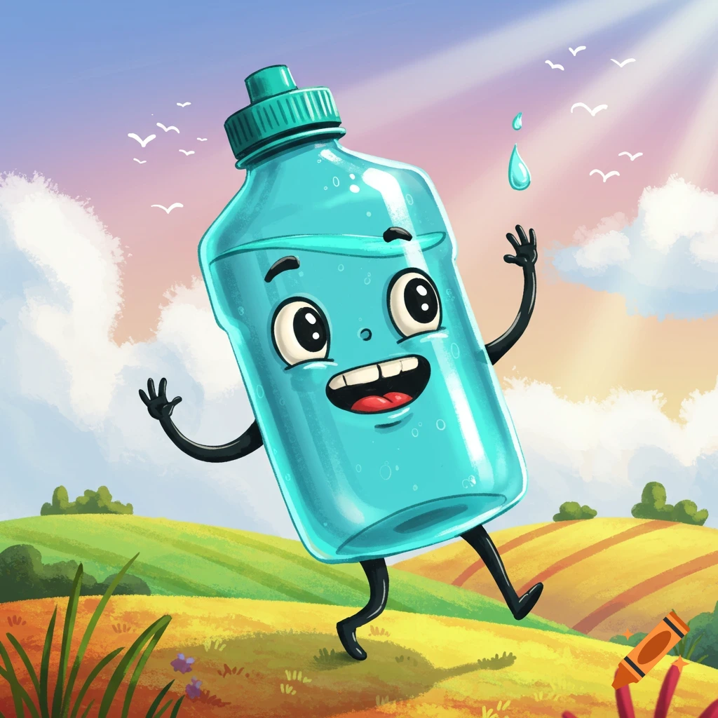 A cheerful cartoon water bottle character runs through a sunny field ...