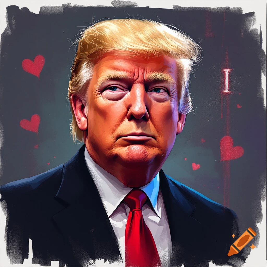 A digital painting of a large portrait of Donald Trump with two smaller ...