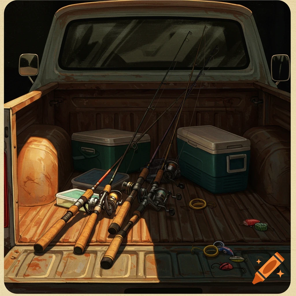 Fishing rods, coolers, and tackle are in the bed of a pickup truck. on ...