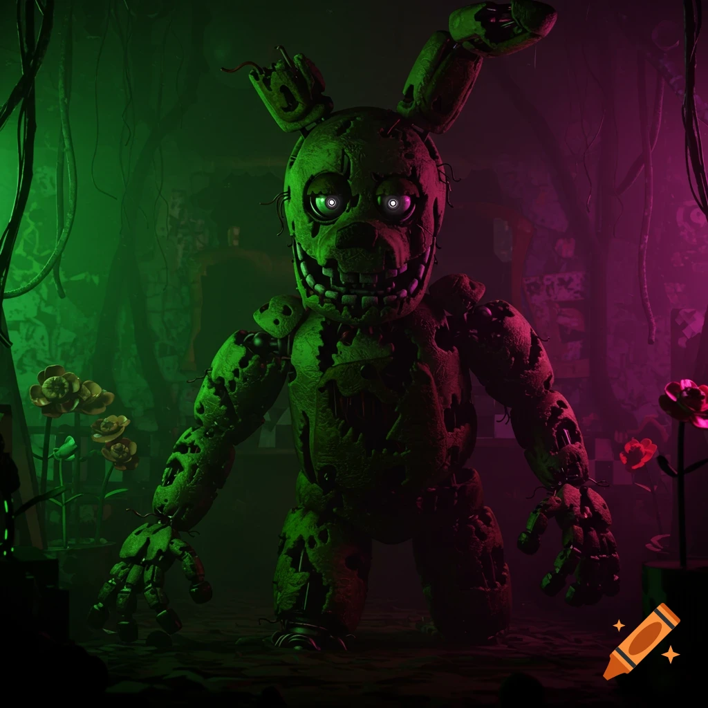 Creepy green animatronic bunny character stands in a dark room with ...