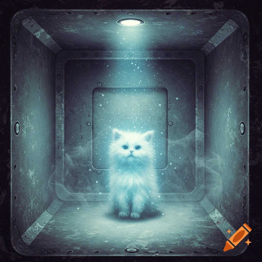 A glowing white kitten sits inside a metallic box illuminated by a ...