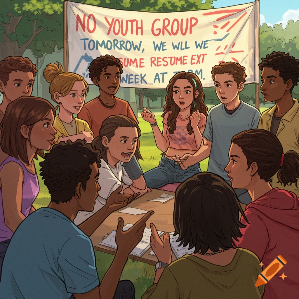 Youth group meeting with a sign about next week's meeting on Craiyon