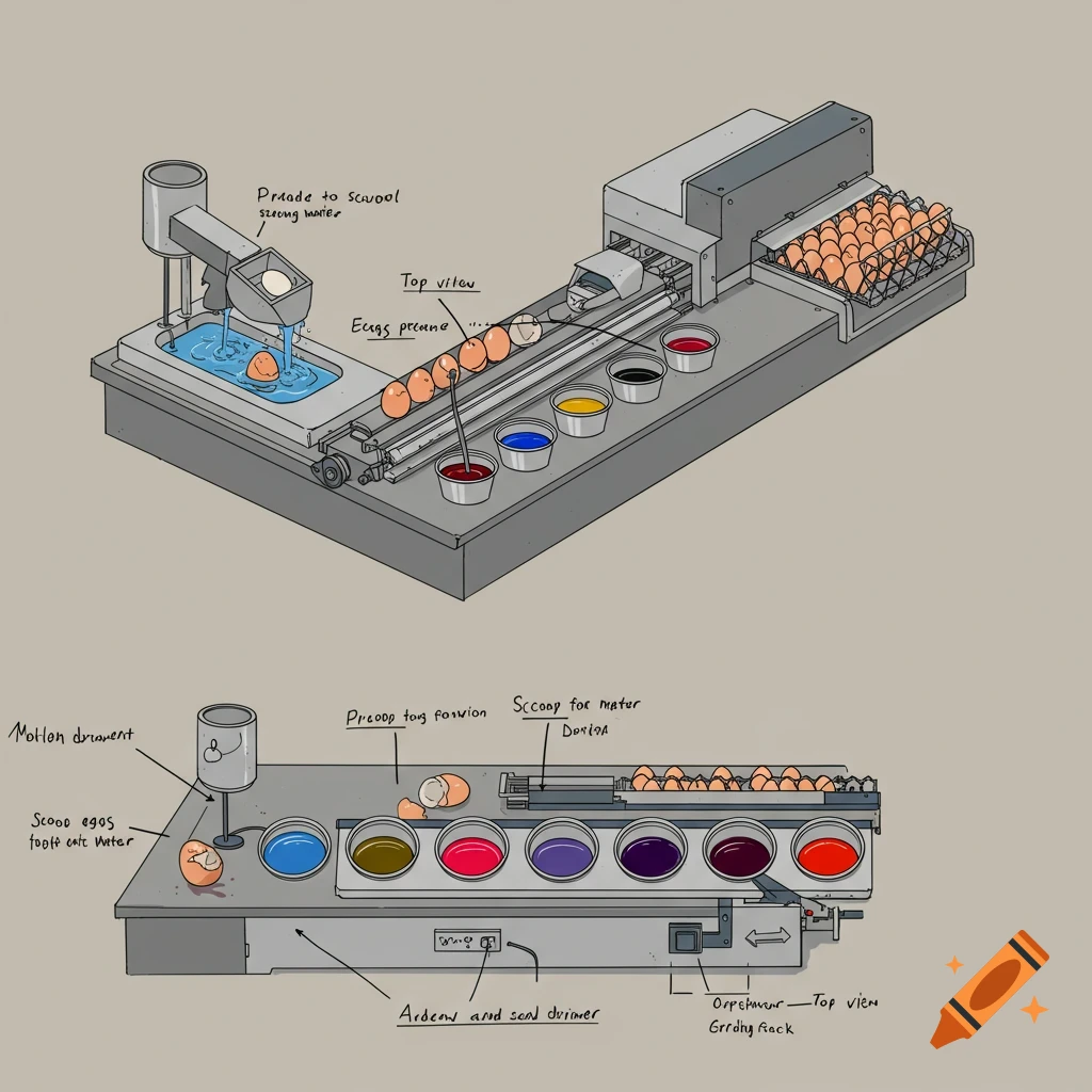 Technical drawings of an egg-coloring machine design on Craiyon