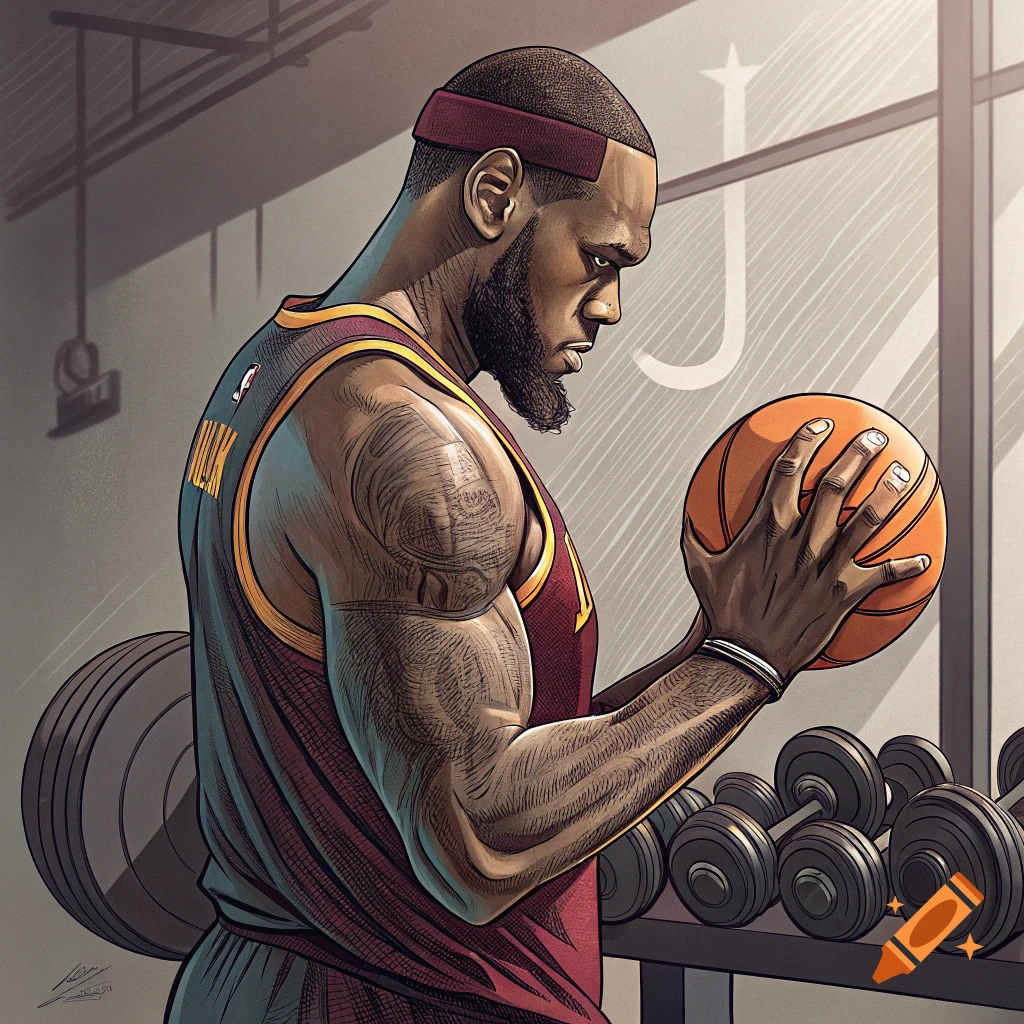 Illustration of LeBron James in a white uniform holding a basketball on ...