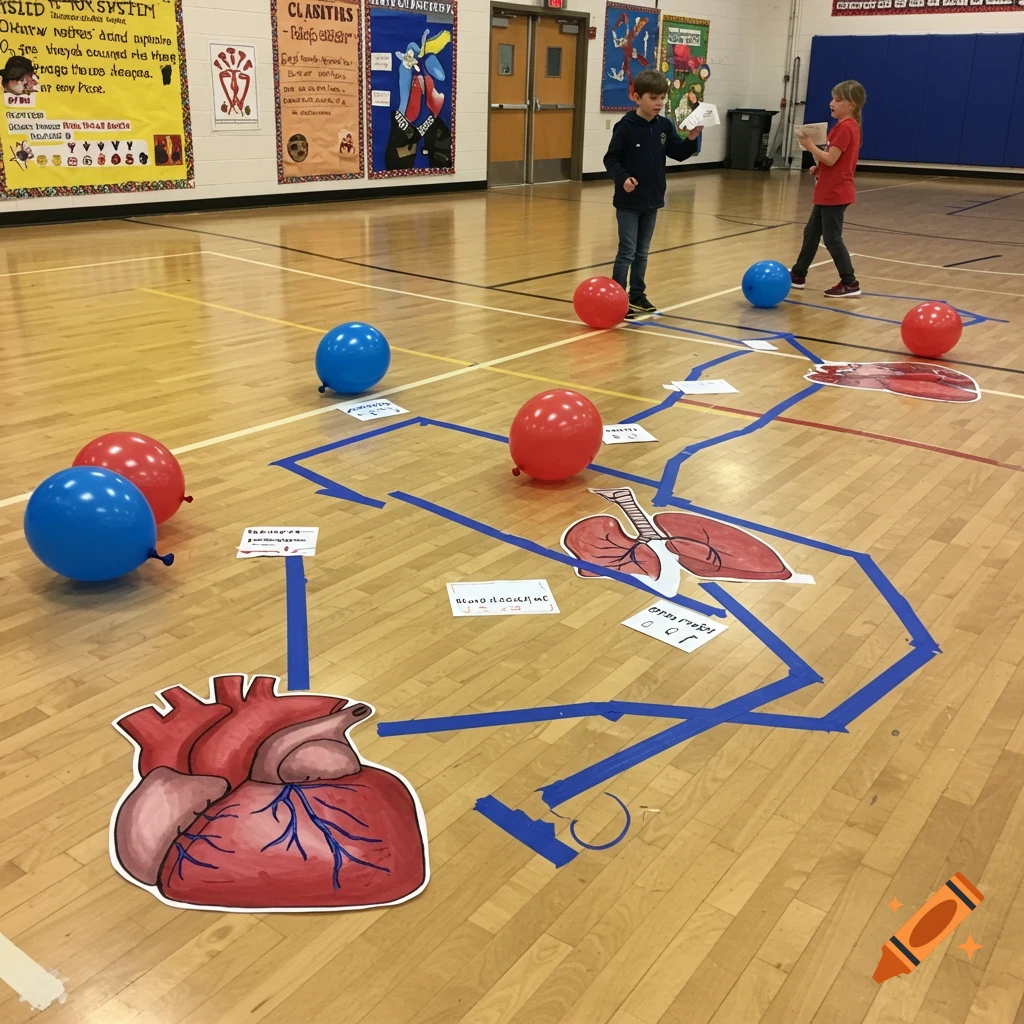 Kids in a gym class doing a science activity with a circulatory system ...