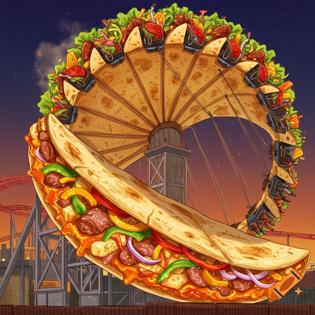 Giant steak taco being moved by men on a dolly outside a suburban house ...