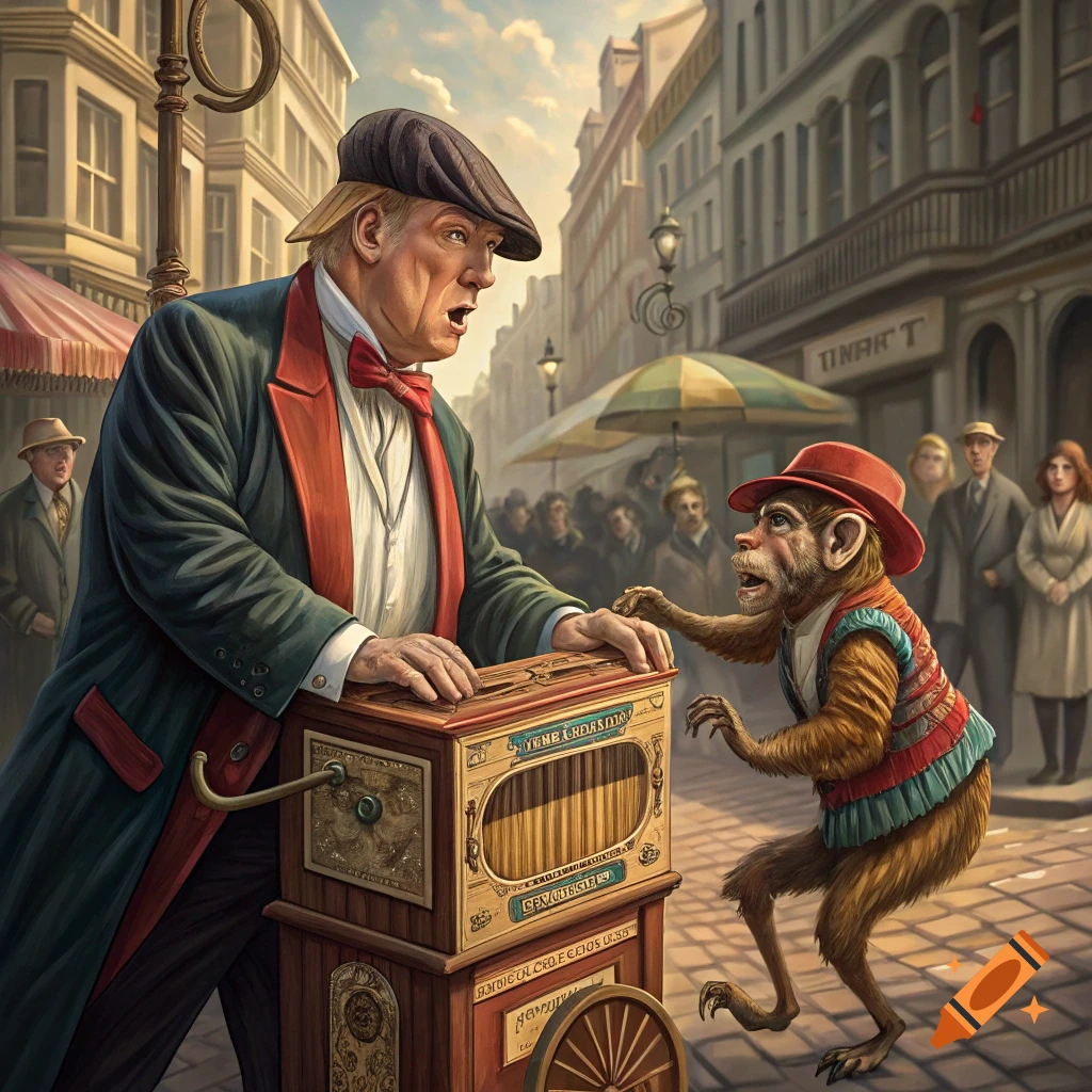 Donald Trump as organ grinder with Brendan Carr as his dancing monkey ...