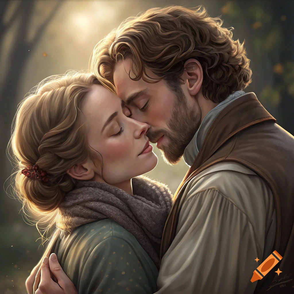 A couple kisses tenderly in golden light. on Craiyon