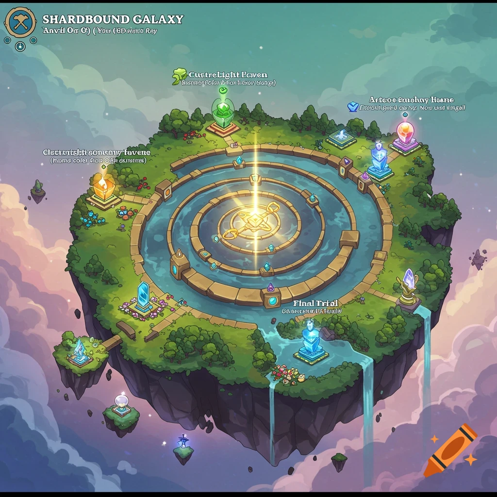 Shardbound Galaxy world map layout with Anvil Star hub and starrail trails on Craiyon