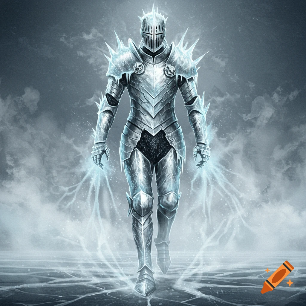 A knight in icy silver armor stands on cracked ice surrounded by mist. on Craiyon