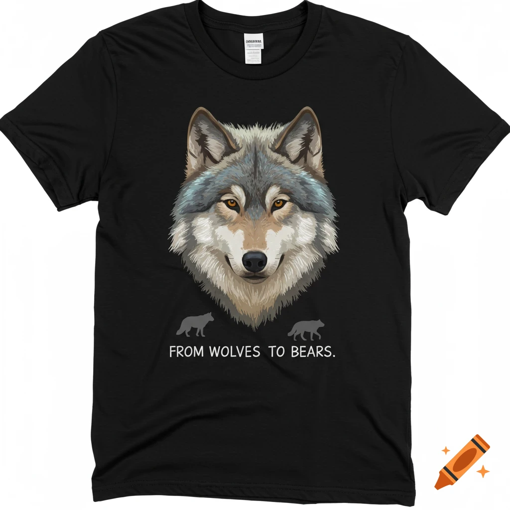 Minimalist wolf design on a black shirt with text 'from wolves to bears ...