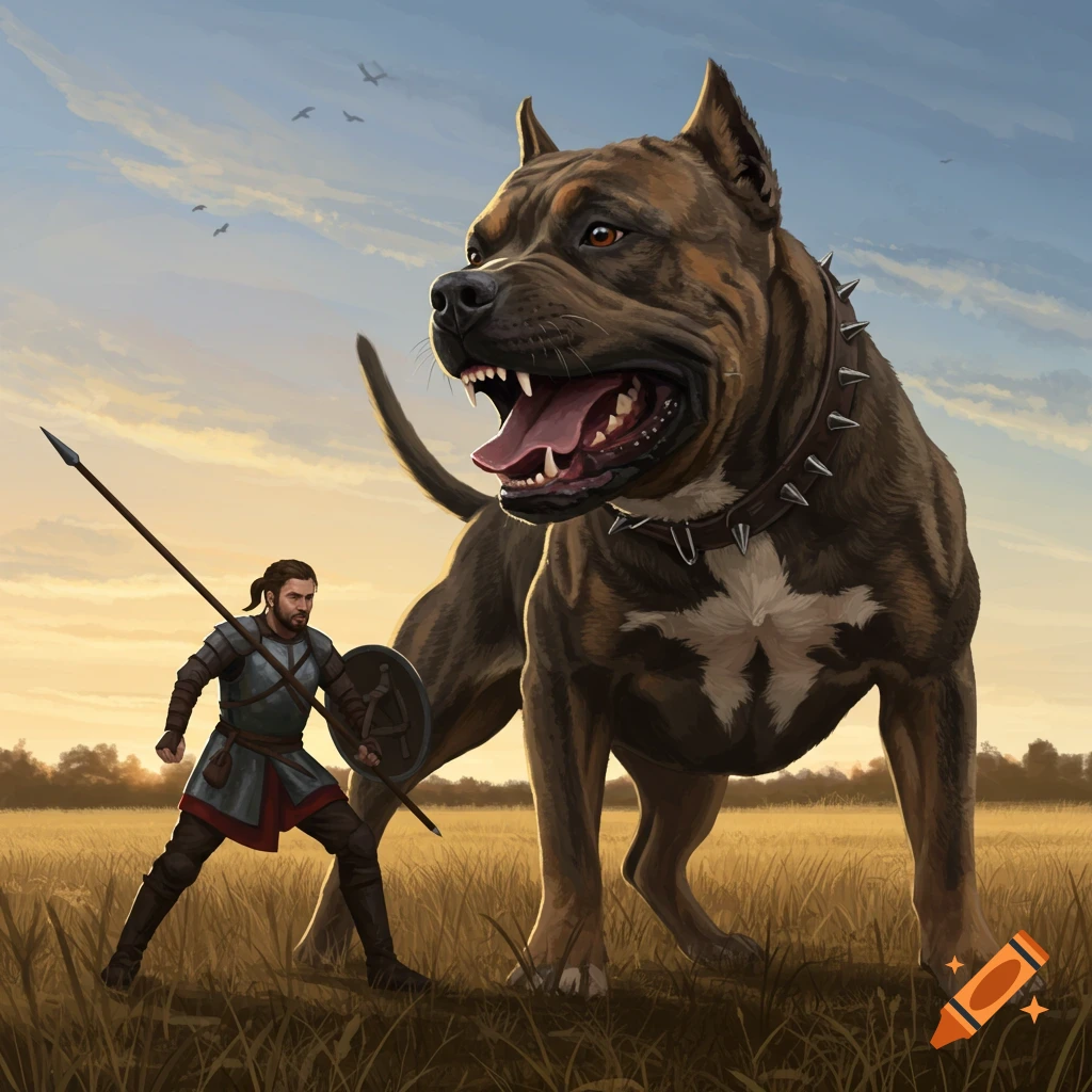 Spartan warrior with spear and brindle pitbull war dog on Craiyon