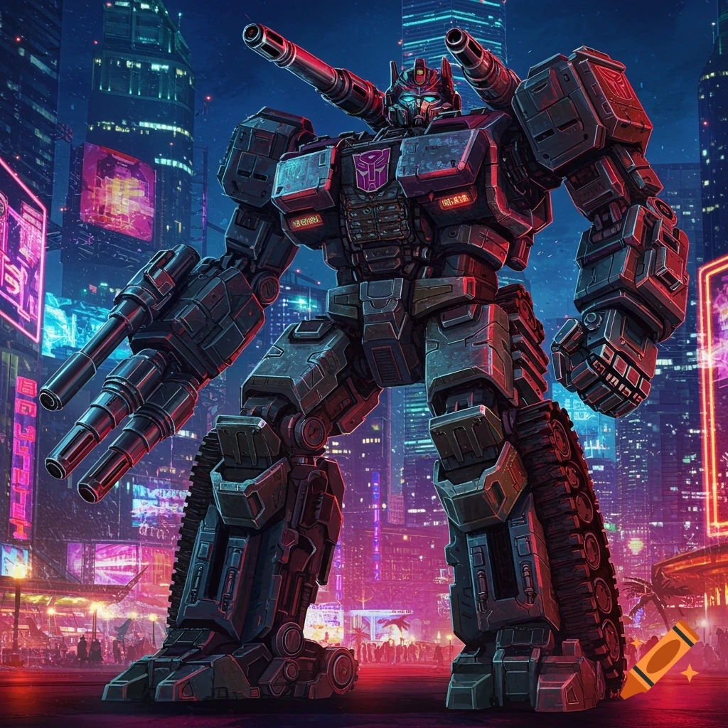 A large tank transformer robot standing in a neon-lit cyberpunk city ...