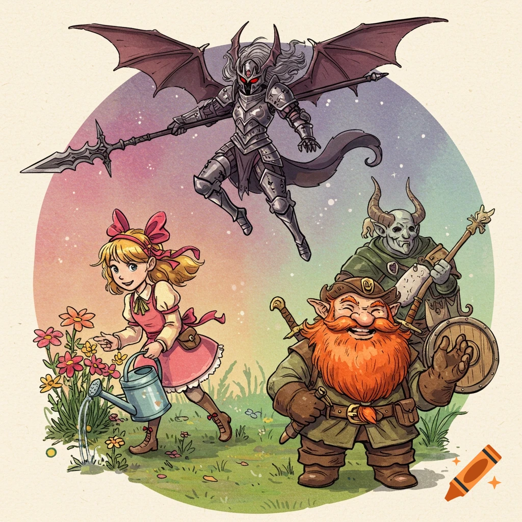 Watercolor and ink fantasy illustration featuring armored warrior ...