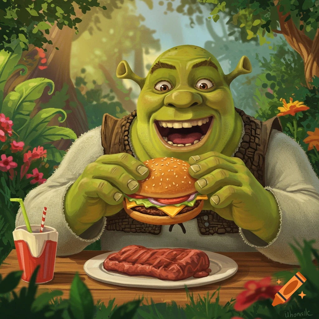 Shrek eating a burger at McDonald's restaurant on Craiyon