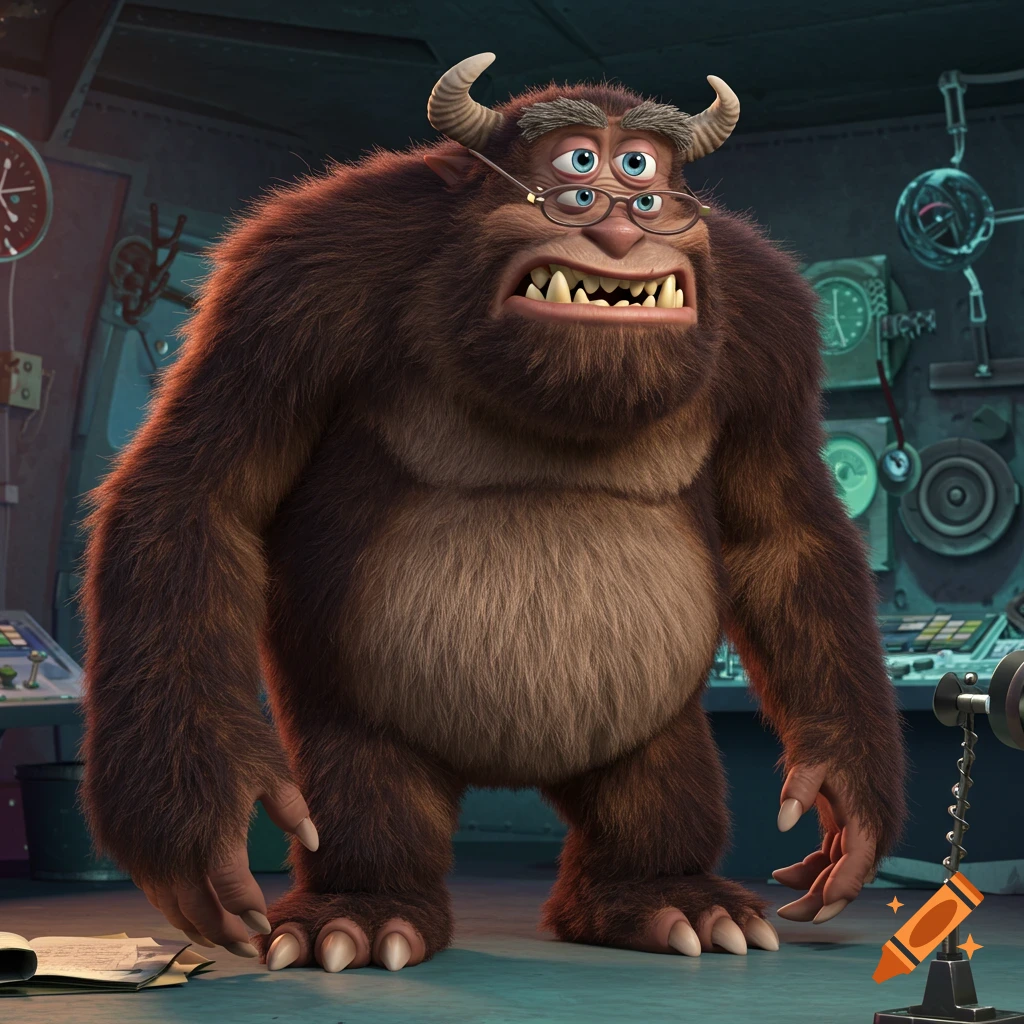 A furry brown monster with four eyes and glasses stands in a control ...