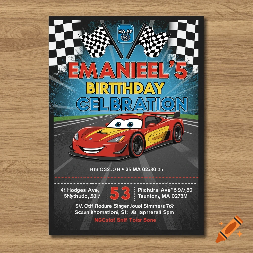 Race car themed 5th birthday party invitation on Craiyon