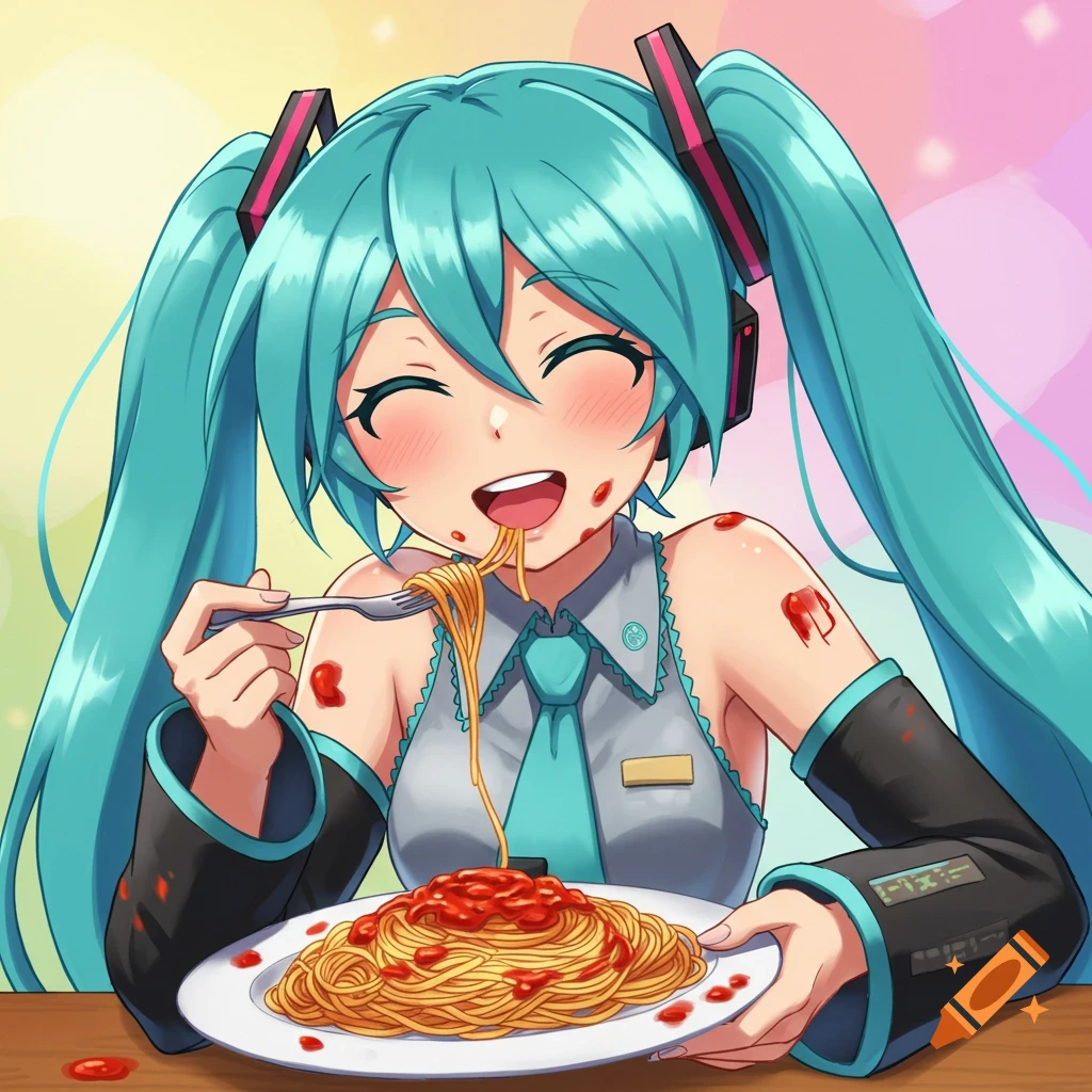 Anime drawing of Hatsune Miku happily eating spaghetti with a fork. on ...
