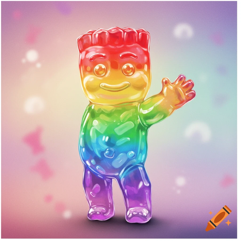 A rainbow-colored, translucent gummy figure similar to a Sour Patch Kid ...