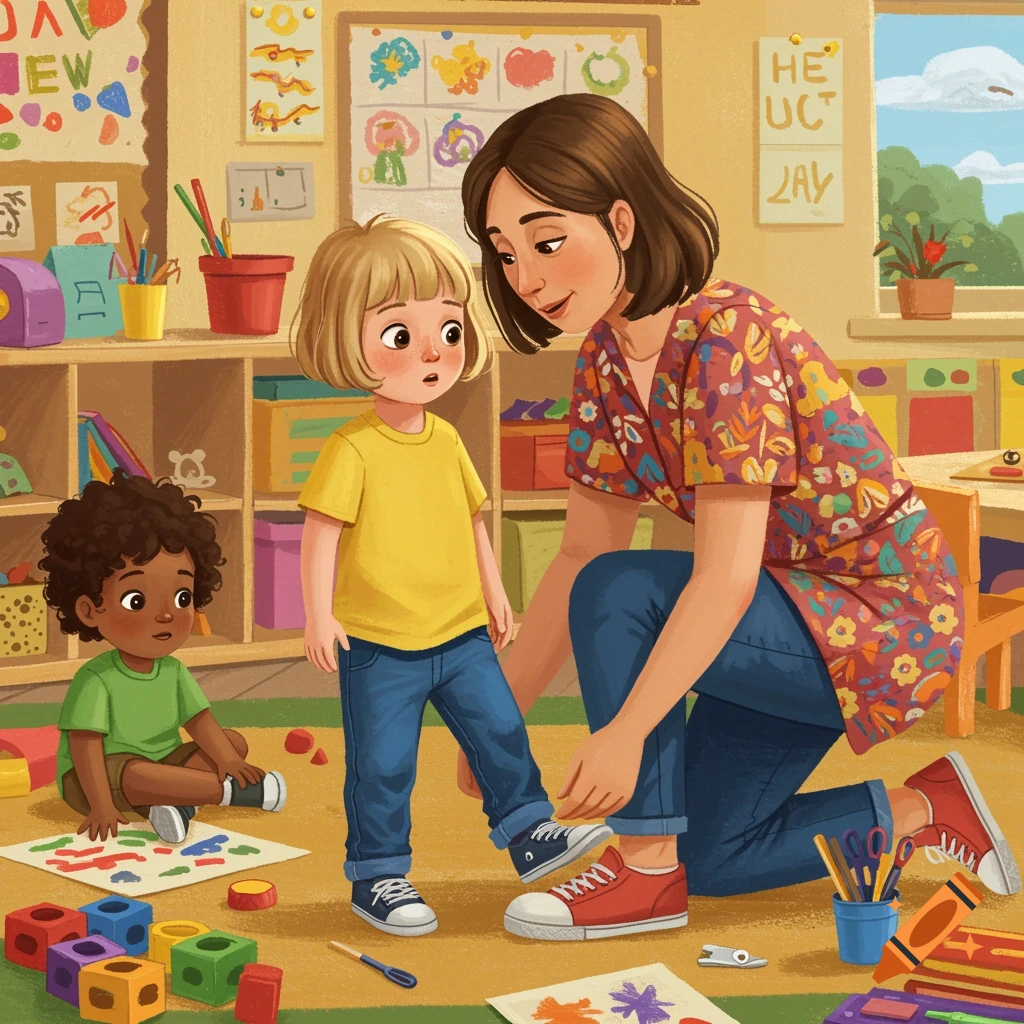 Teacher tying a preschool student's shoes in a classroom with another student waiting on Craiyon