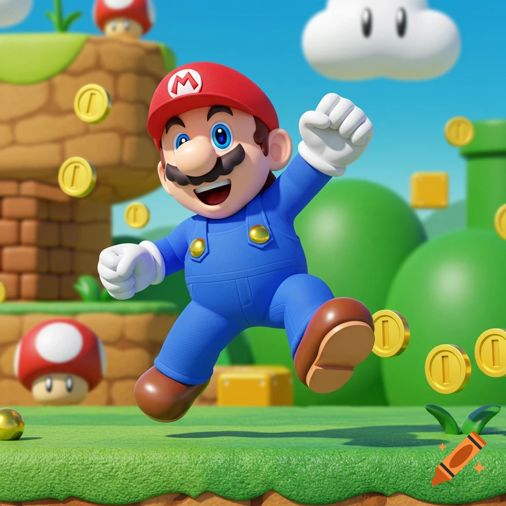 Mario jumps joyfully in a vibrant green landscape with Toad, Koopa ...