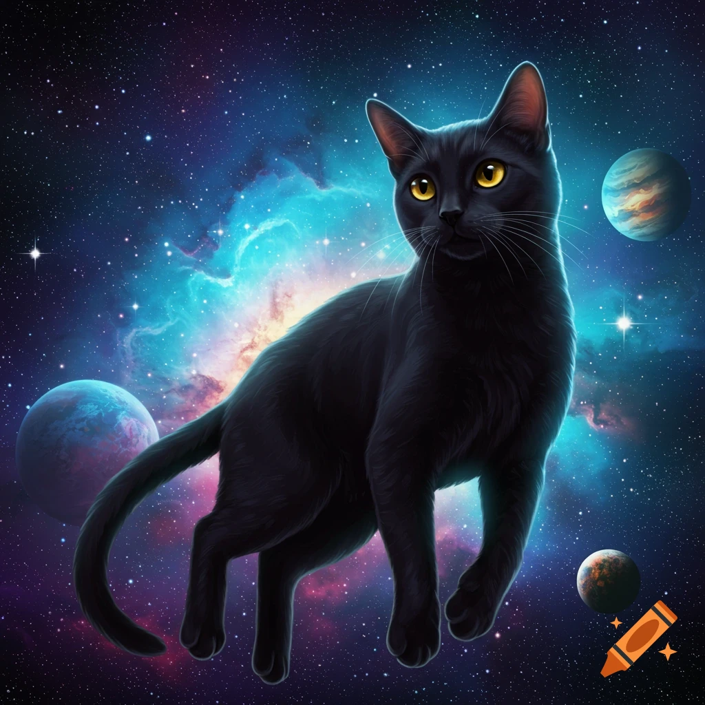 Black cat floating in deep space among nebulae and planets. on Craiyon