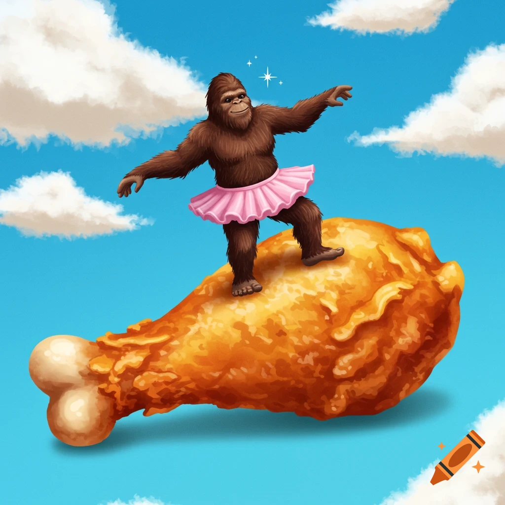 Bigfoot in a pink tutu balancing on a giant fried chicken leg in the ...