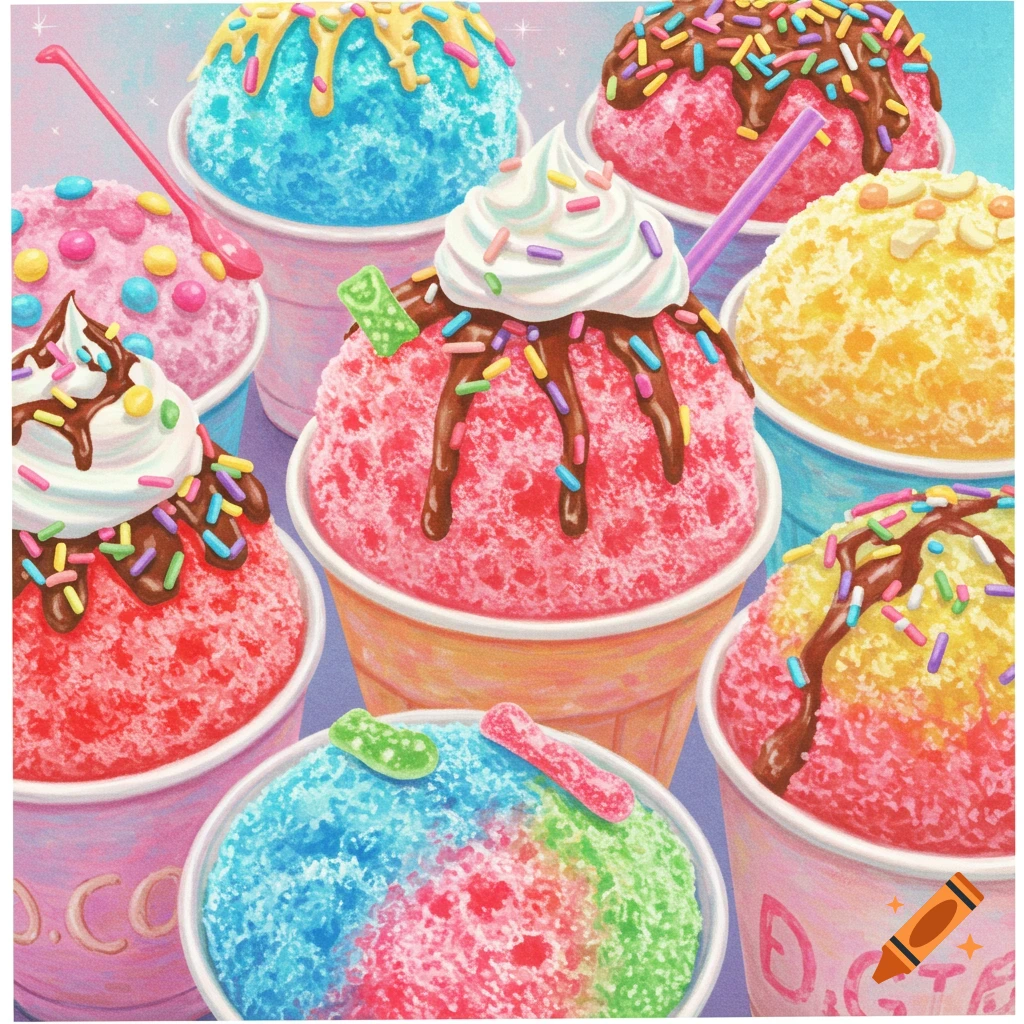 Close-up of multiple colorful snow cones with toppings on Craiyon