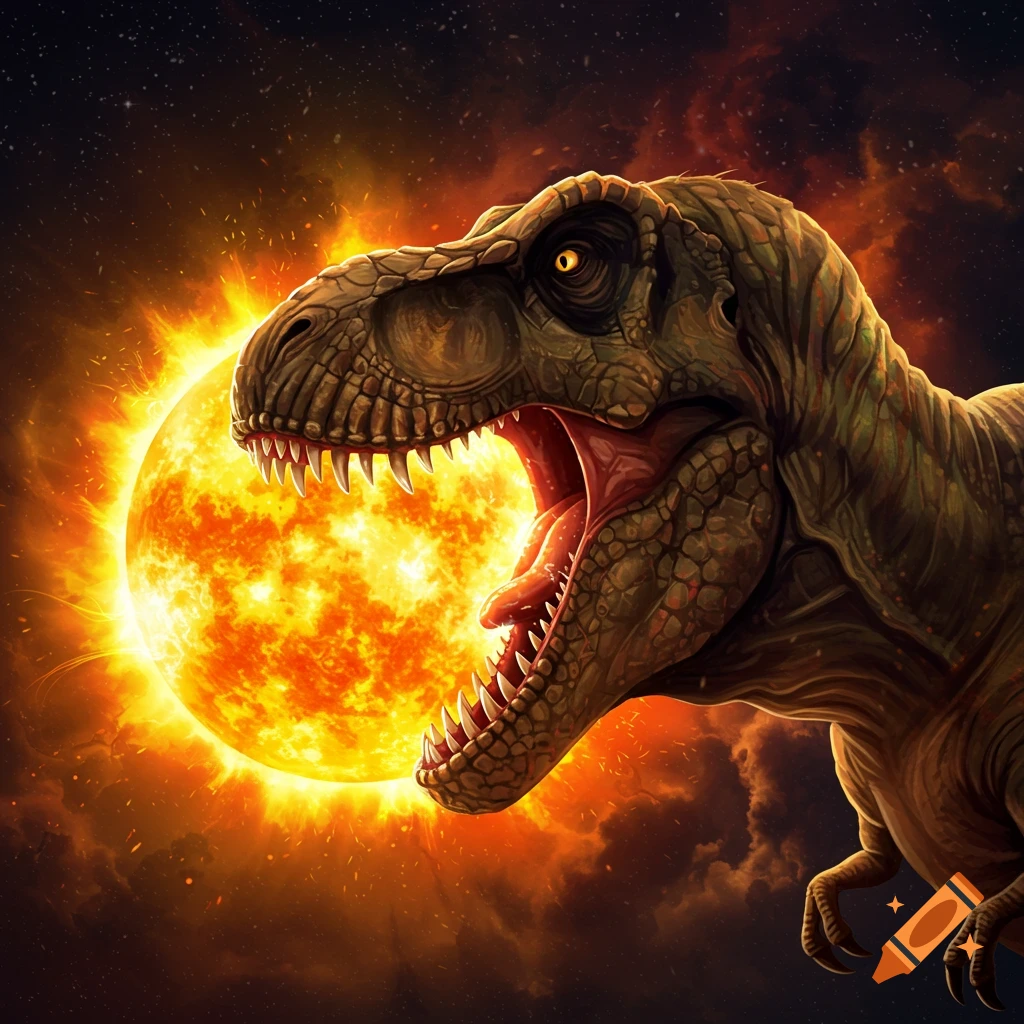 Tyrannosaurus Rex with its mouth open in front of the sun in space. on ...