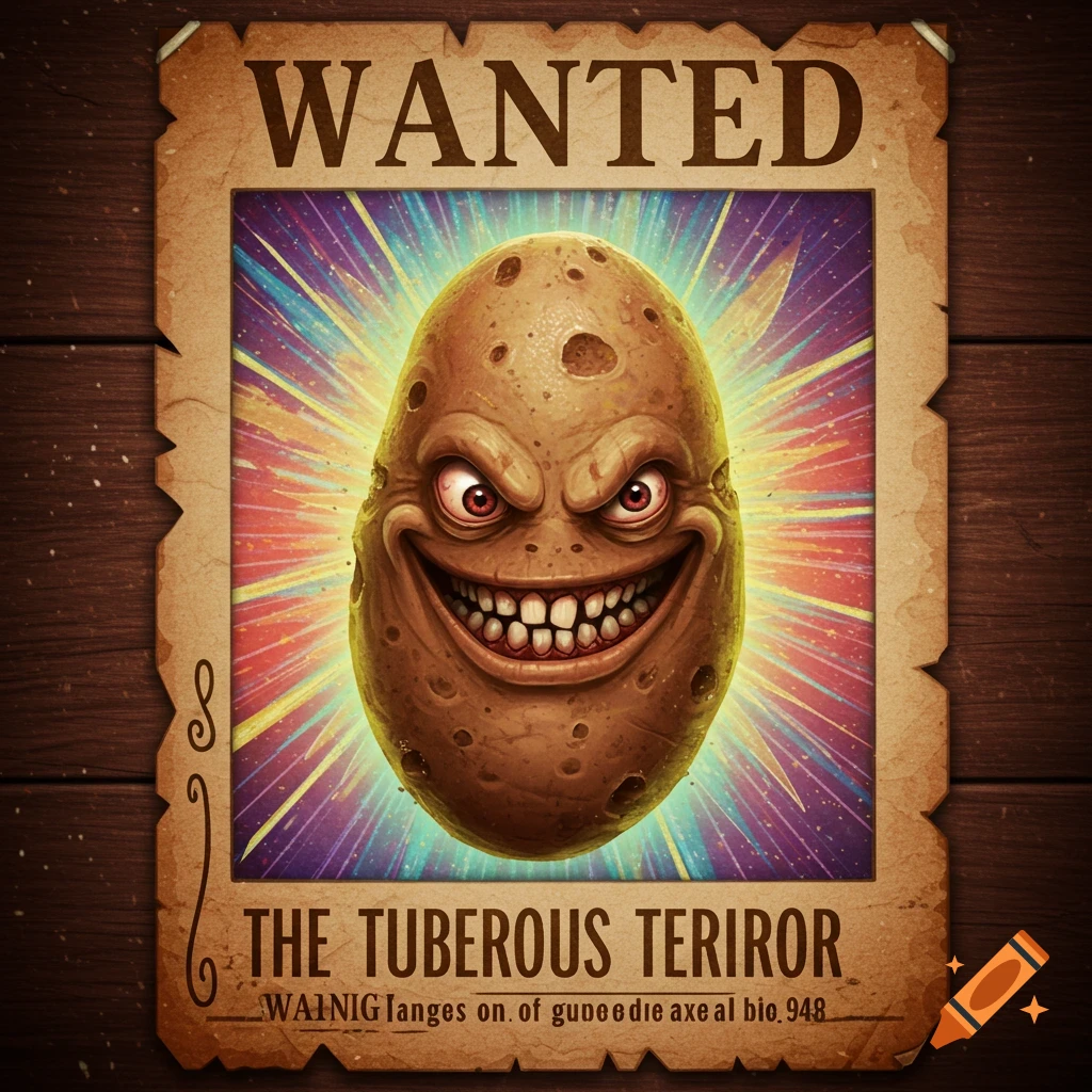 A wanted poster featuring a scary, anthropomorphic potato face. on Craiyon