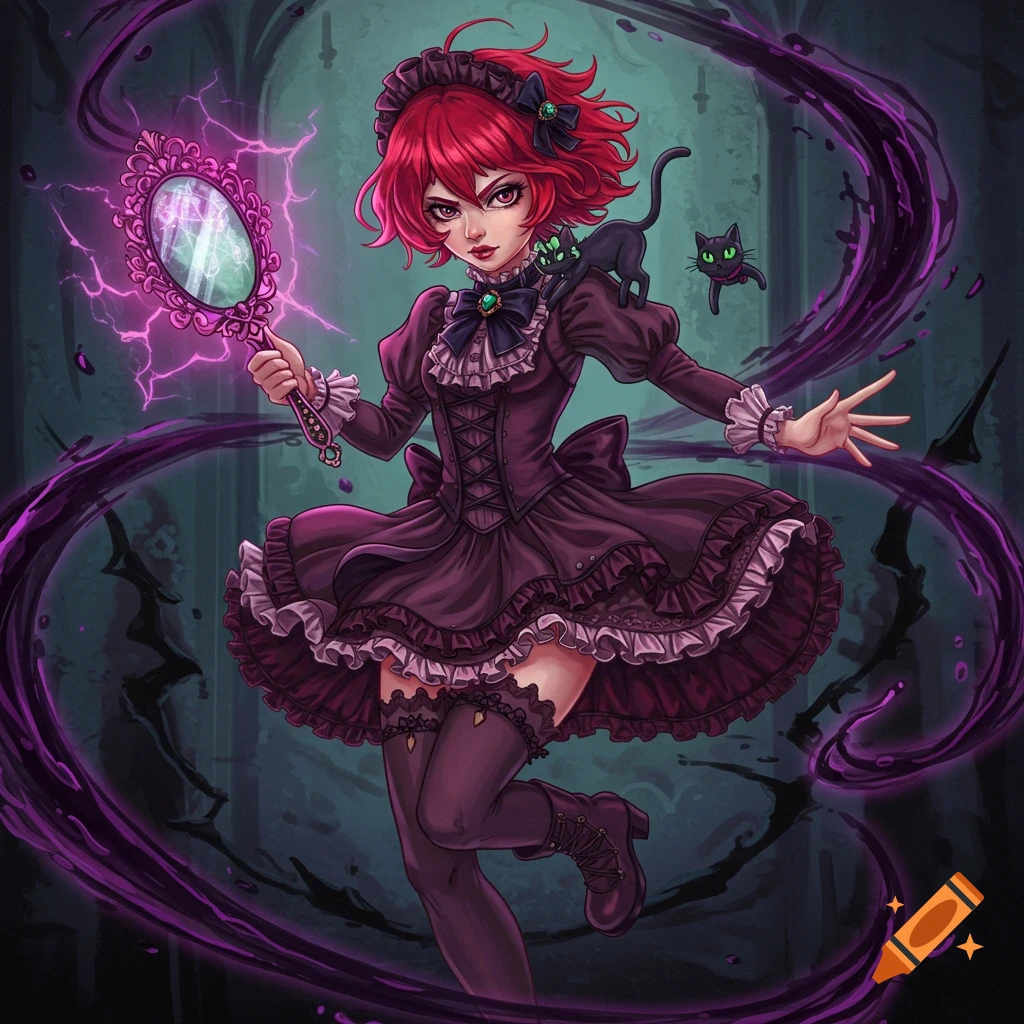 Magical girl with red hair, mirror weapon, and cat companion on Craiyon