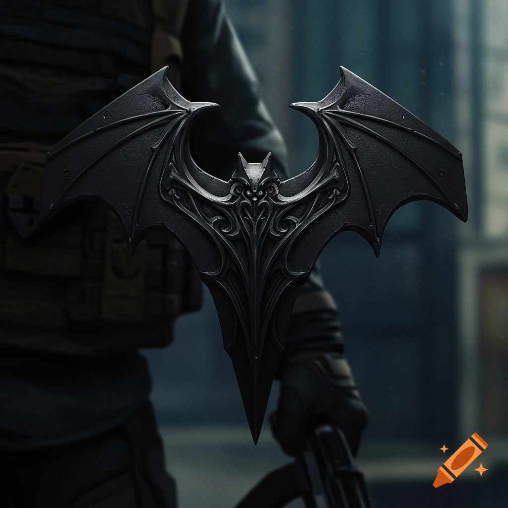 A person holds an intricate dark bat-shaped tactical shield on Craiyon
