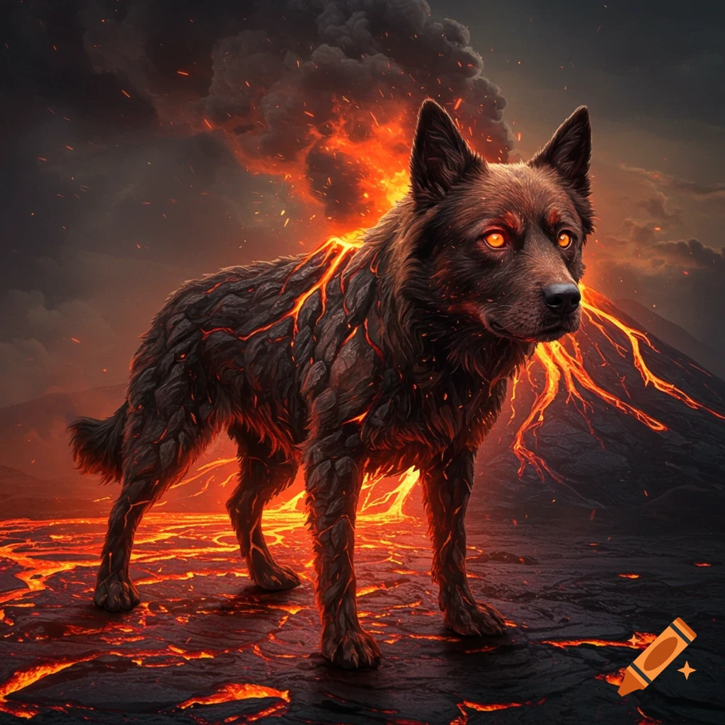 A fantasy cat creature with glowing lava veins walks across a volcanic ...