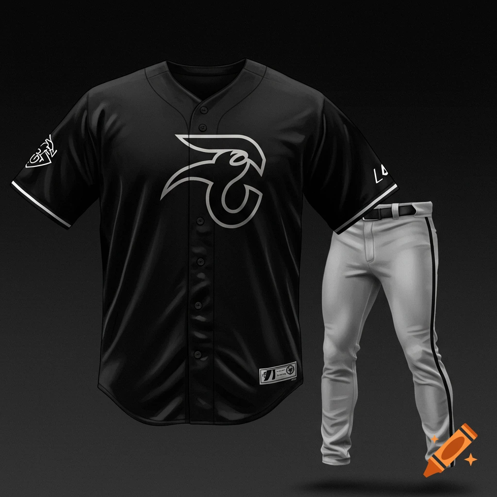 A digital render of a black baseball uniform with white accents and a ...