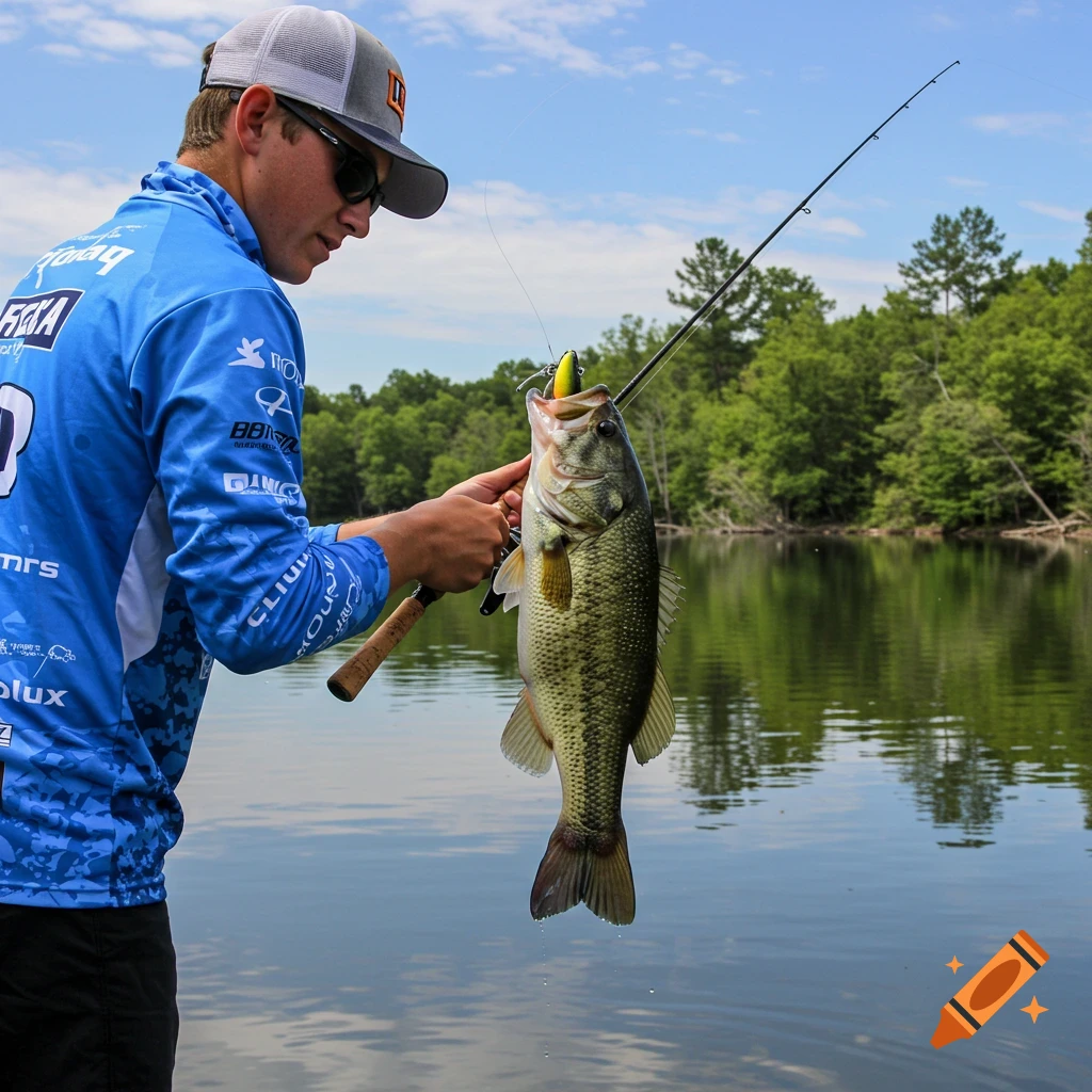 A man holds up a large bass he caught, standing in a boat on a river ...