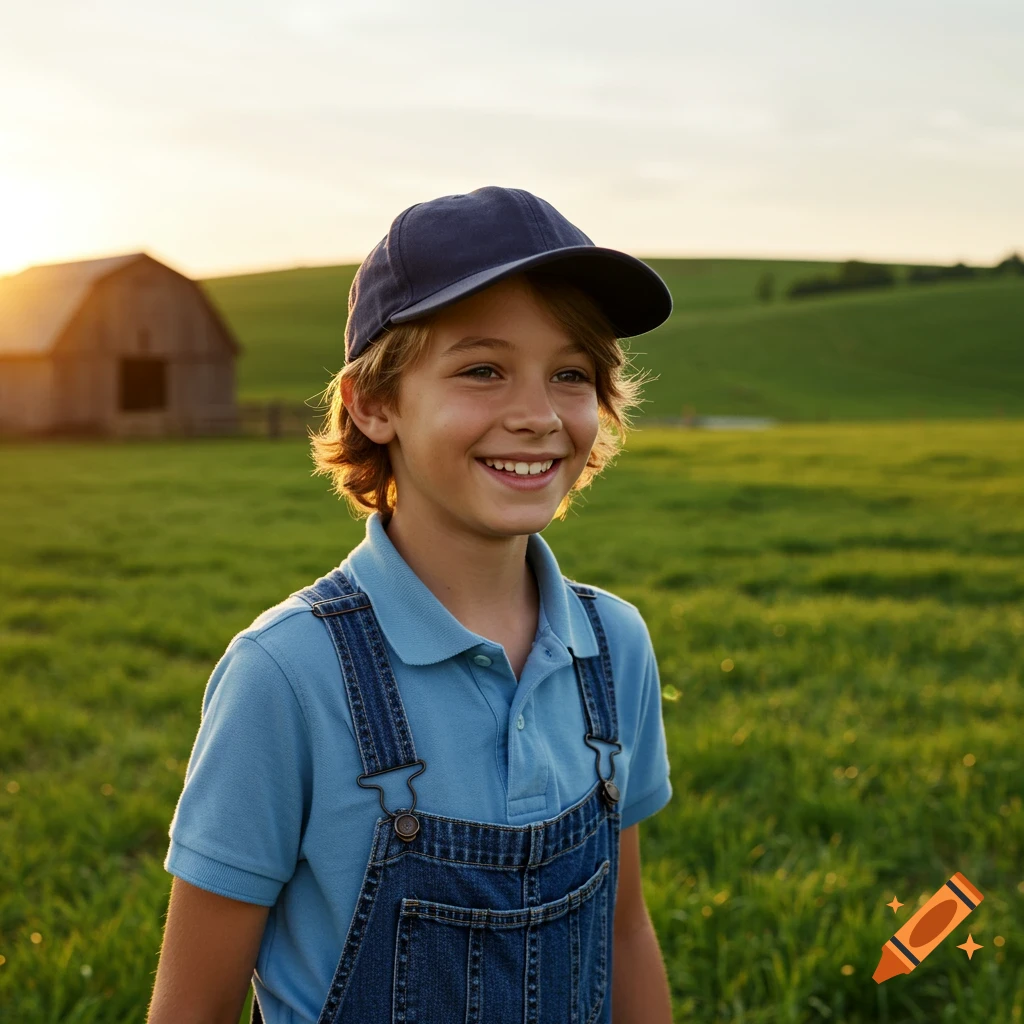 Preteen boy with blond hair, baseball cap, polo shirt, overalls, on a ...