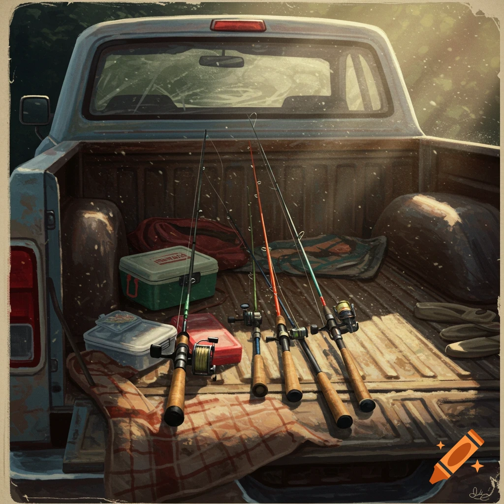 Fishing rods, coolers, and tackle are in the bed of a pickup truck. on ...