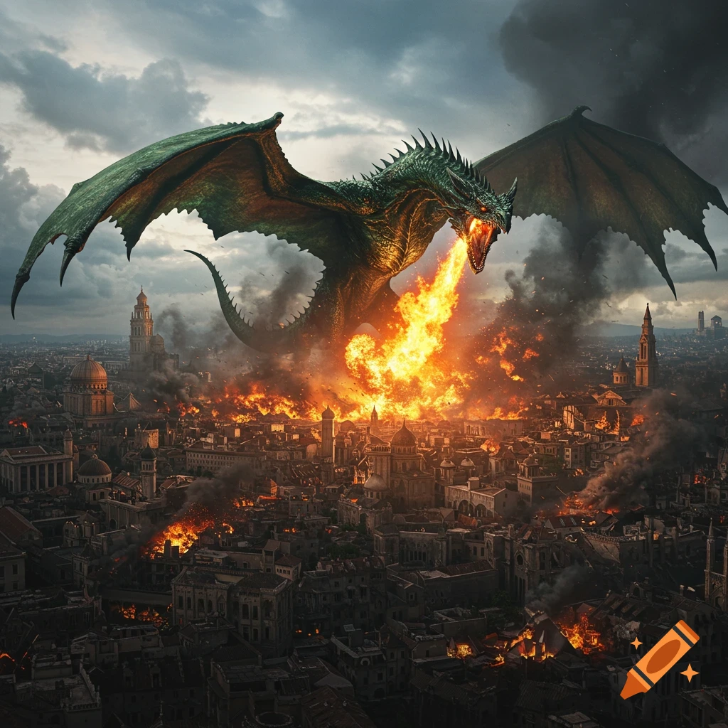 A large green dragon breathes fire, destroying a city below under a ...