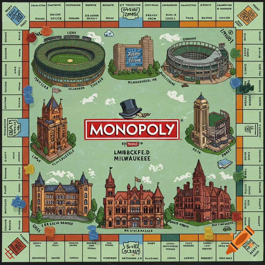 Monopoly game board featuring Milwaukee landmarks like Lambeau Field ...