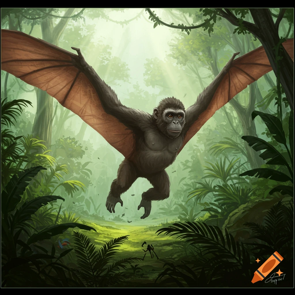 A large ape-like creature with bat wings flies through a lush jungle ...