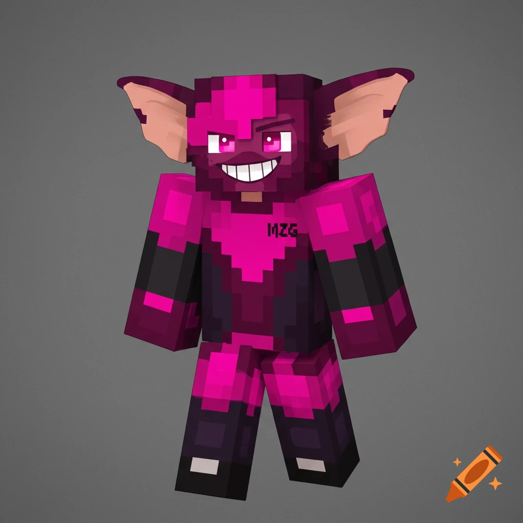 A blocky Minecraft character with pink hair, dark skin, a pink dress ...