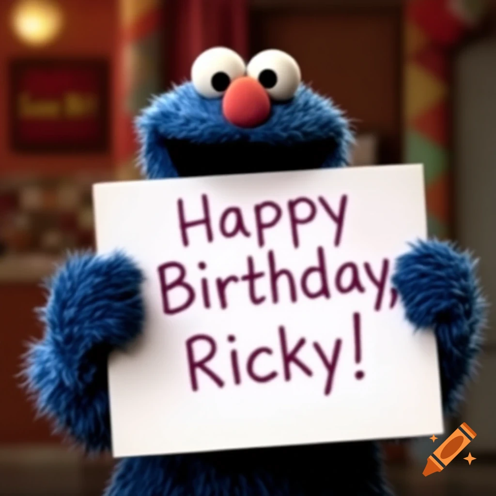 Cookie Monster holding a Happy Birthday Ricky sign in Sesame Street on ...