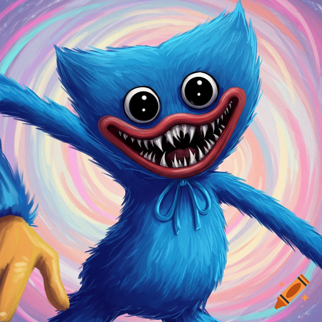 Blue furry monster with sharp teeth and big eyes on a black background ...