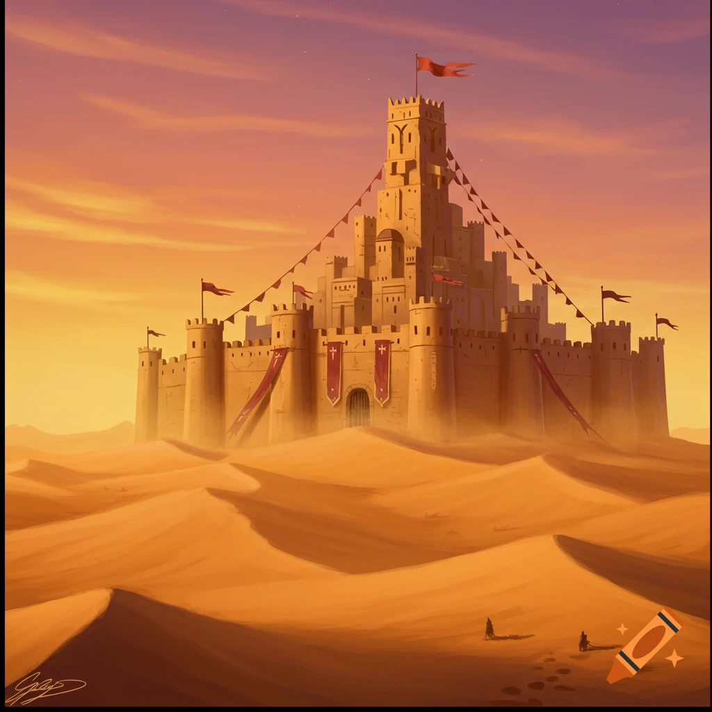 A fantasy castle in a desert landscape with sand dunes under a sunset ...