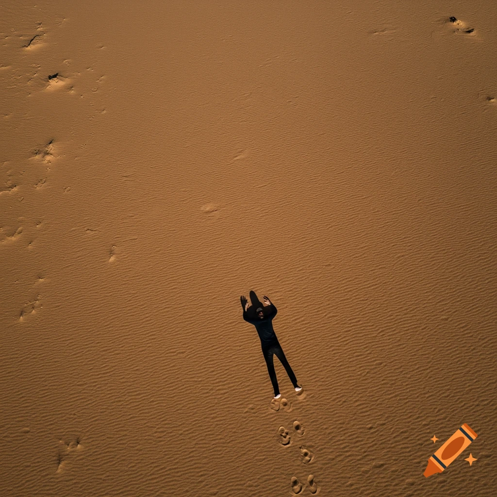 Man lying in desert sand, aerial view on Craiyon
